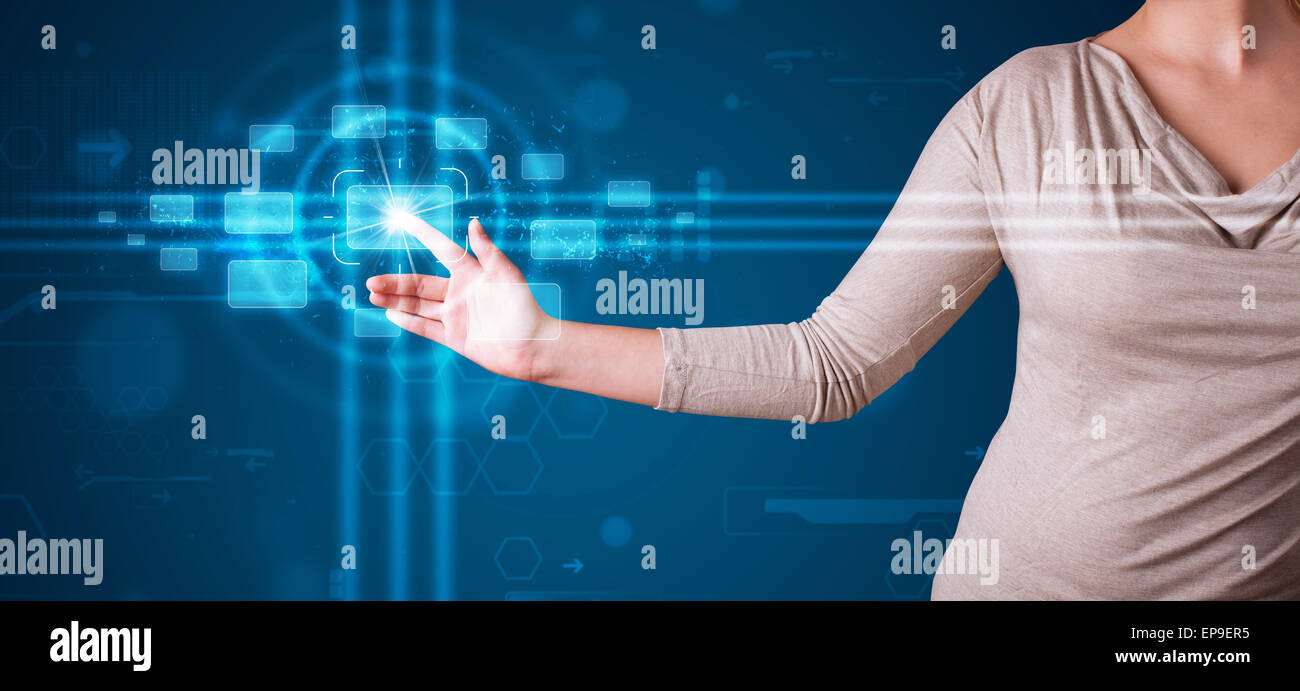Woman pressing high tech type of modern buttons Stock Photo - Alamy