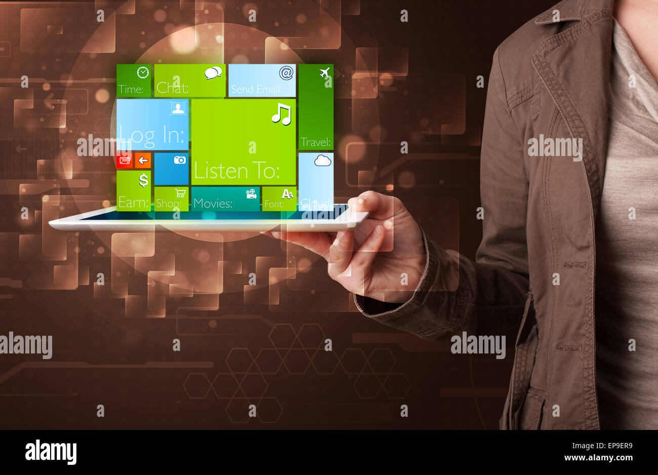 Lady holding tablet with modern software operational system Stock Photo ...