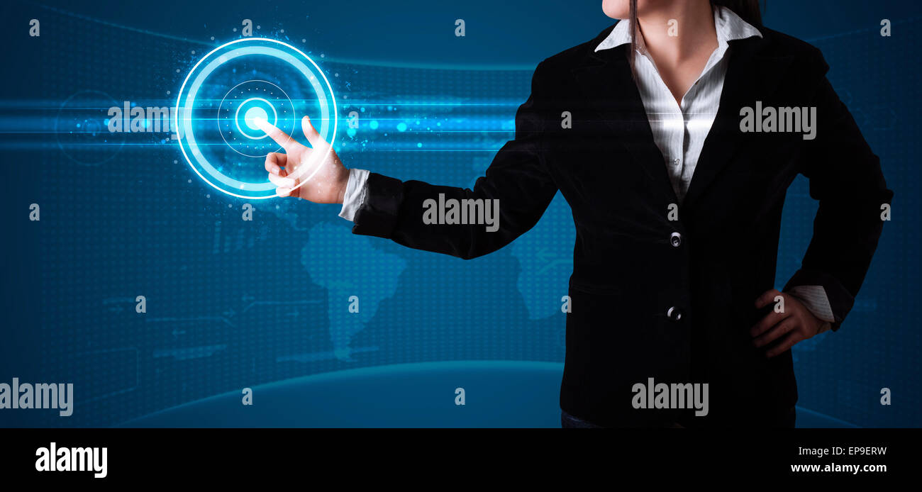 Woman pressing high tech type of modern buttons Stock Photo - Alamy