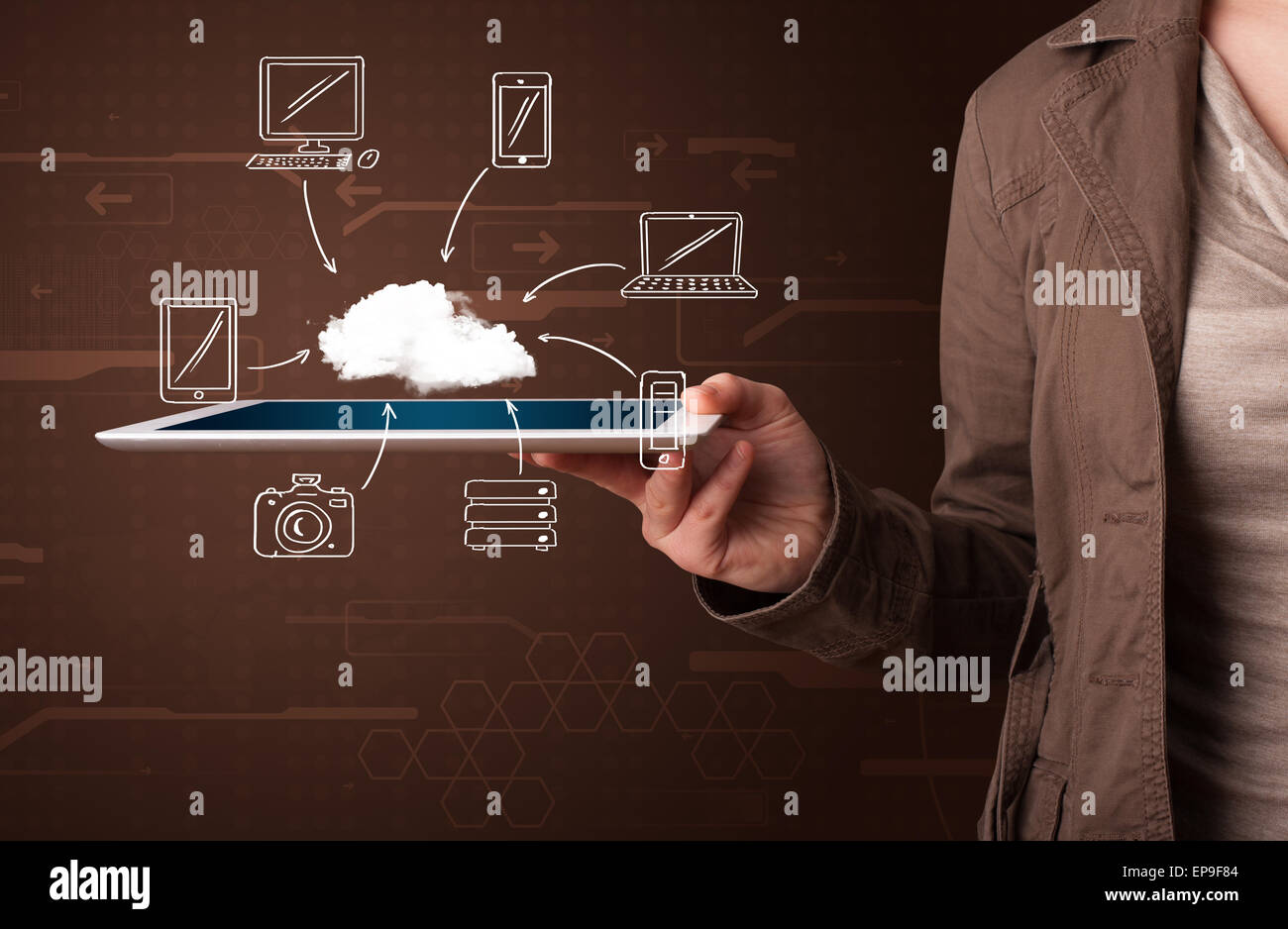 Woman showing hand drawn cloud computing Stock Photo - Alamy