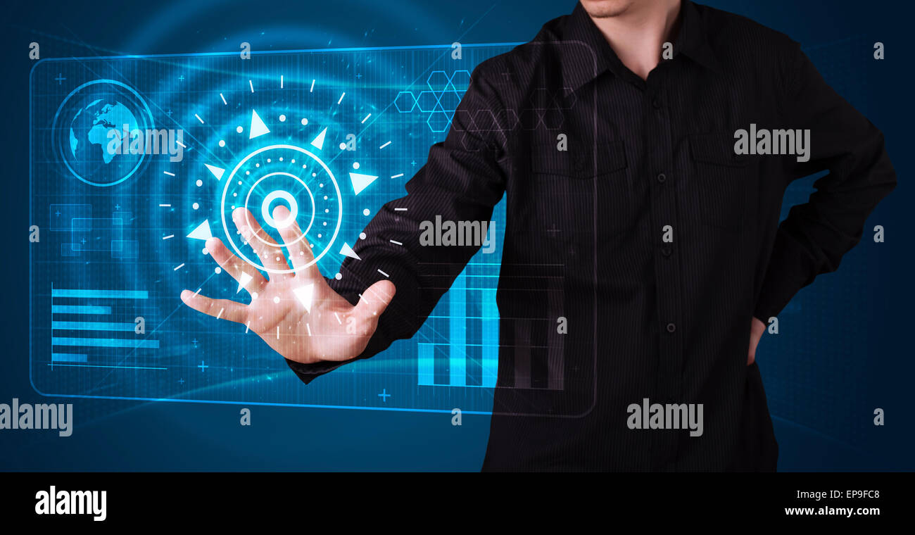 Businessman pressing high tech type of modern buttons Stock Photo - Alamy