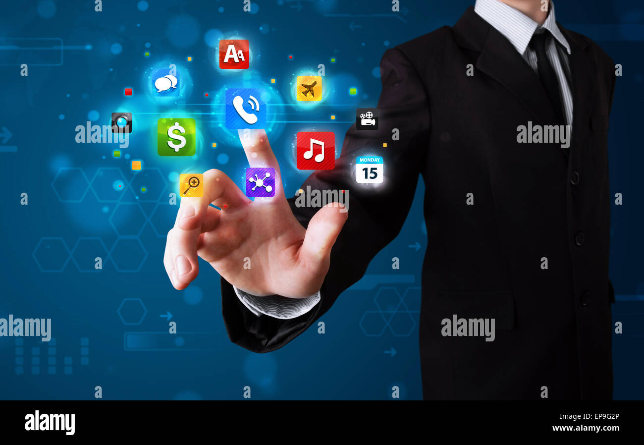 Businessman pressing various collection of buttons Stock Photo - Alamy