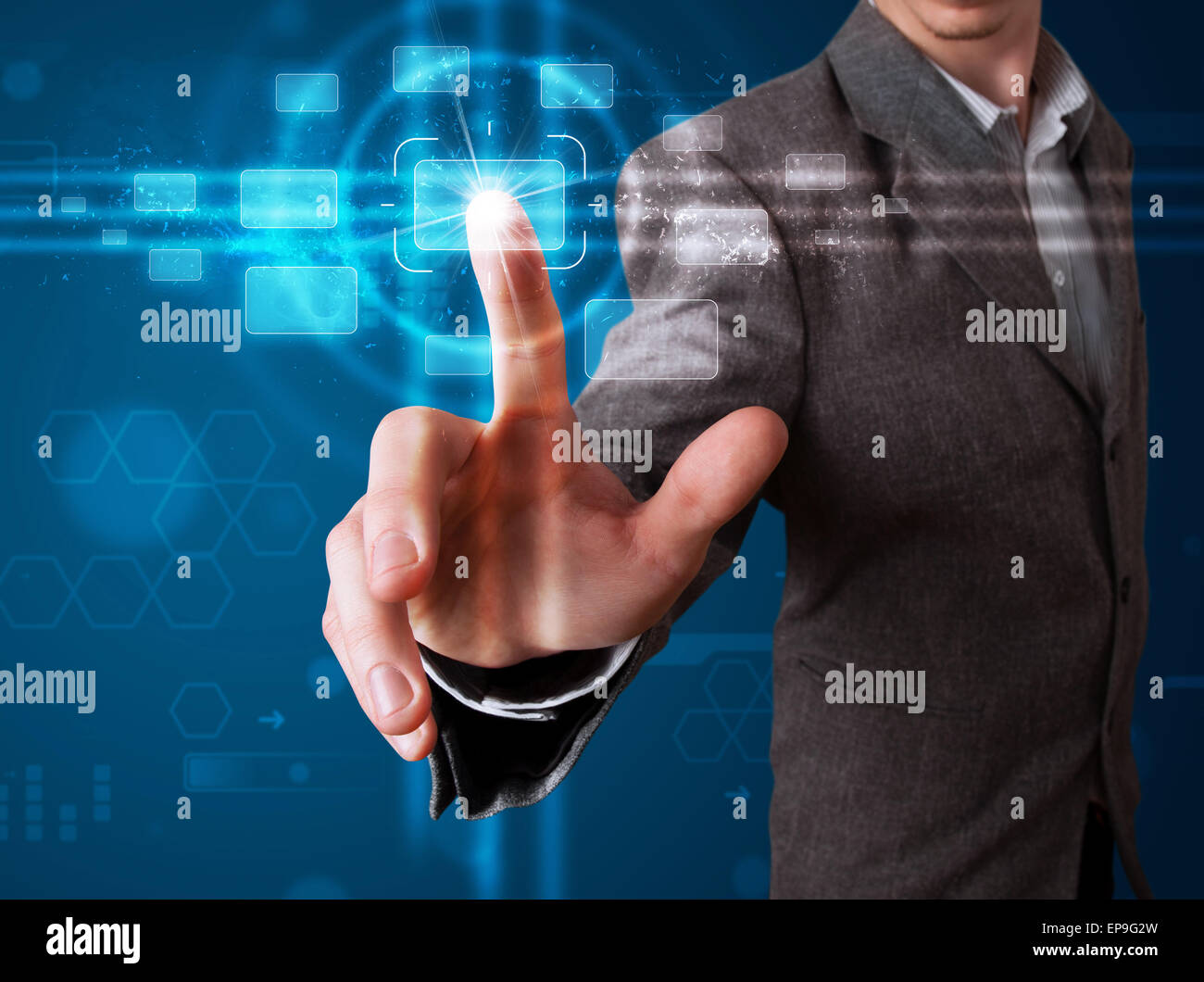 Businessman pressing high tech type of modern buttons Stock Photo - Alamy