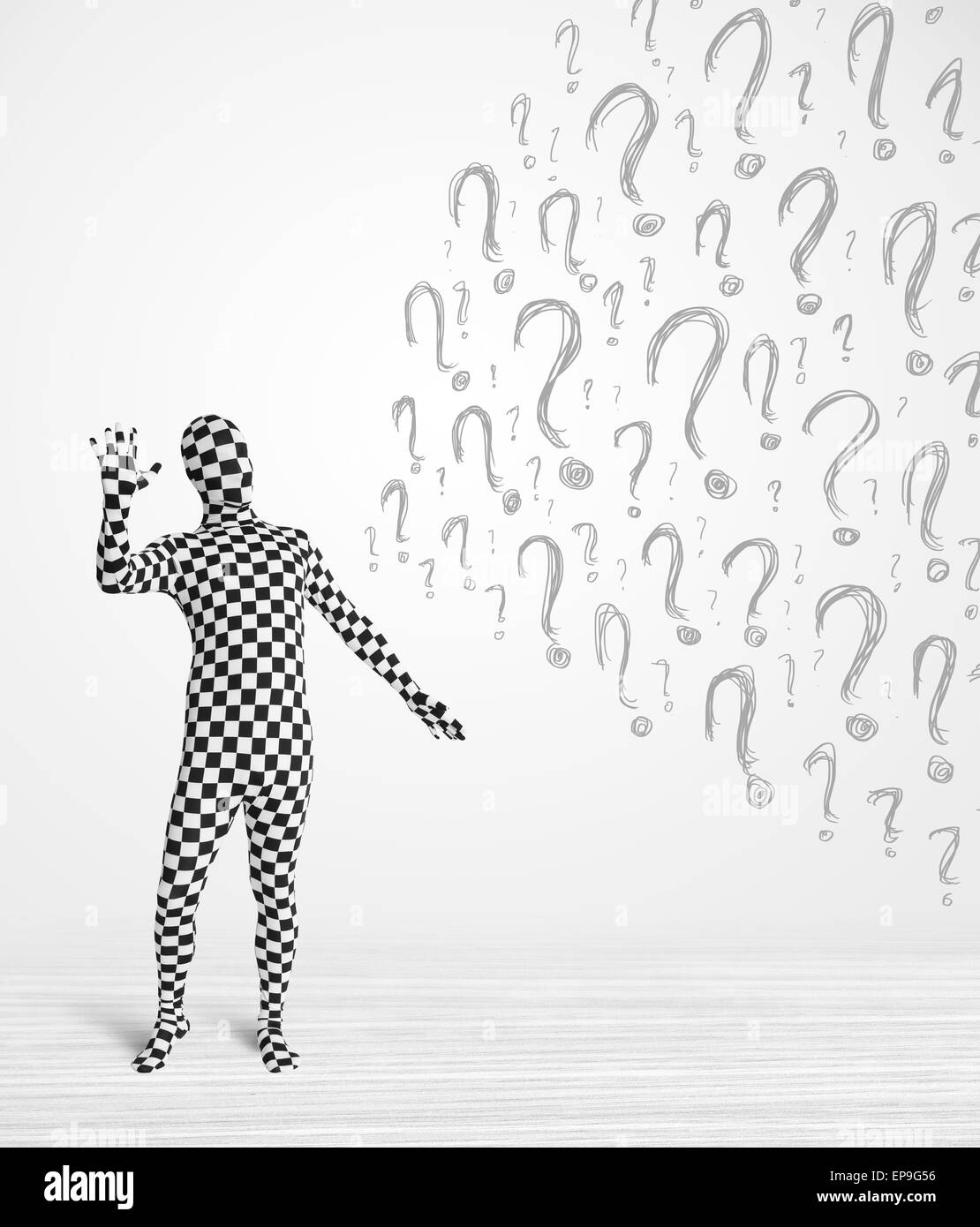 3d human character is body suit looking at hand drawn question marks ...