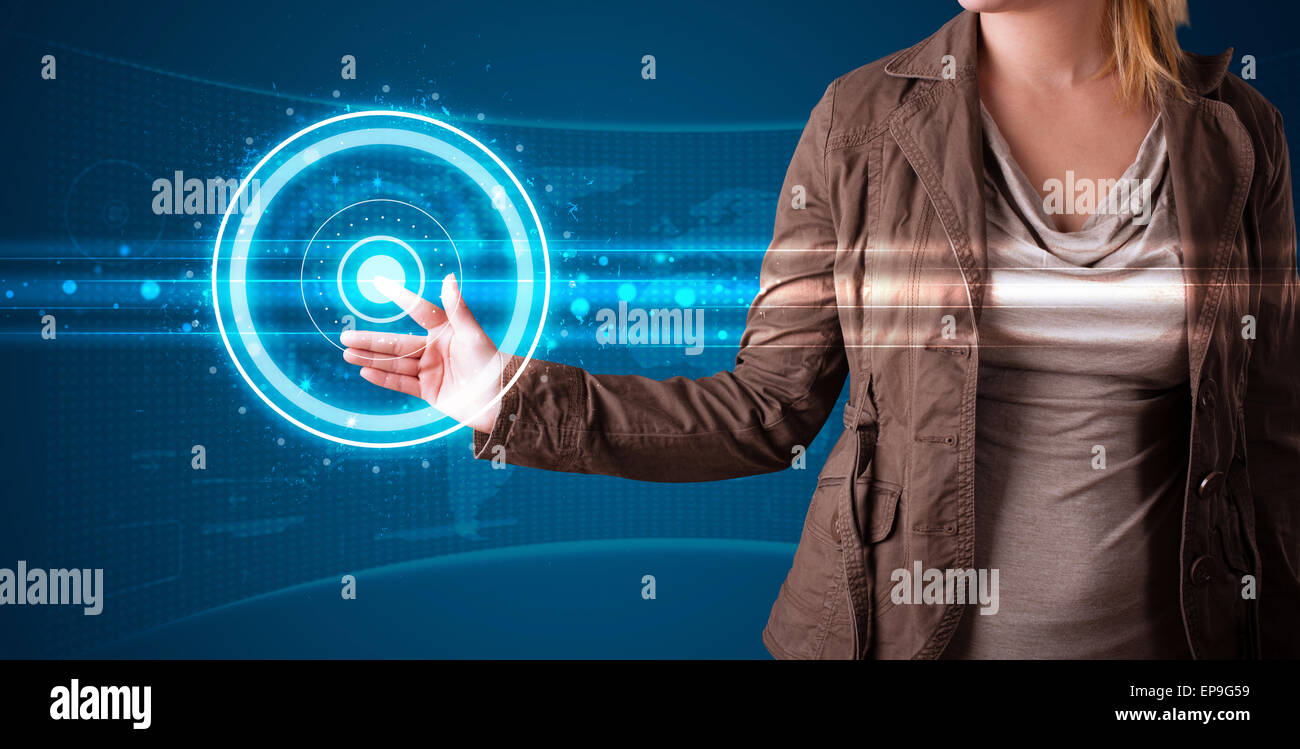 Woman pressing high tech type of modern buttons Stock Photo - Alamy