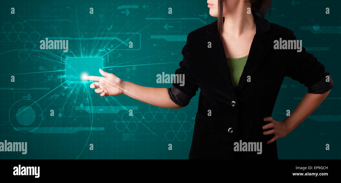 Woman pressing high tech type of modern buttons Stock Photo - Alamy