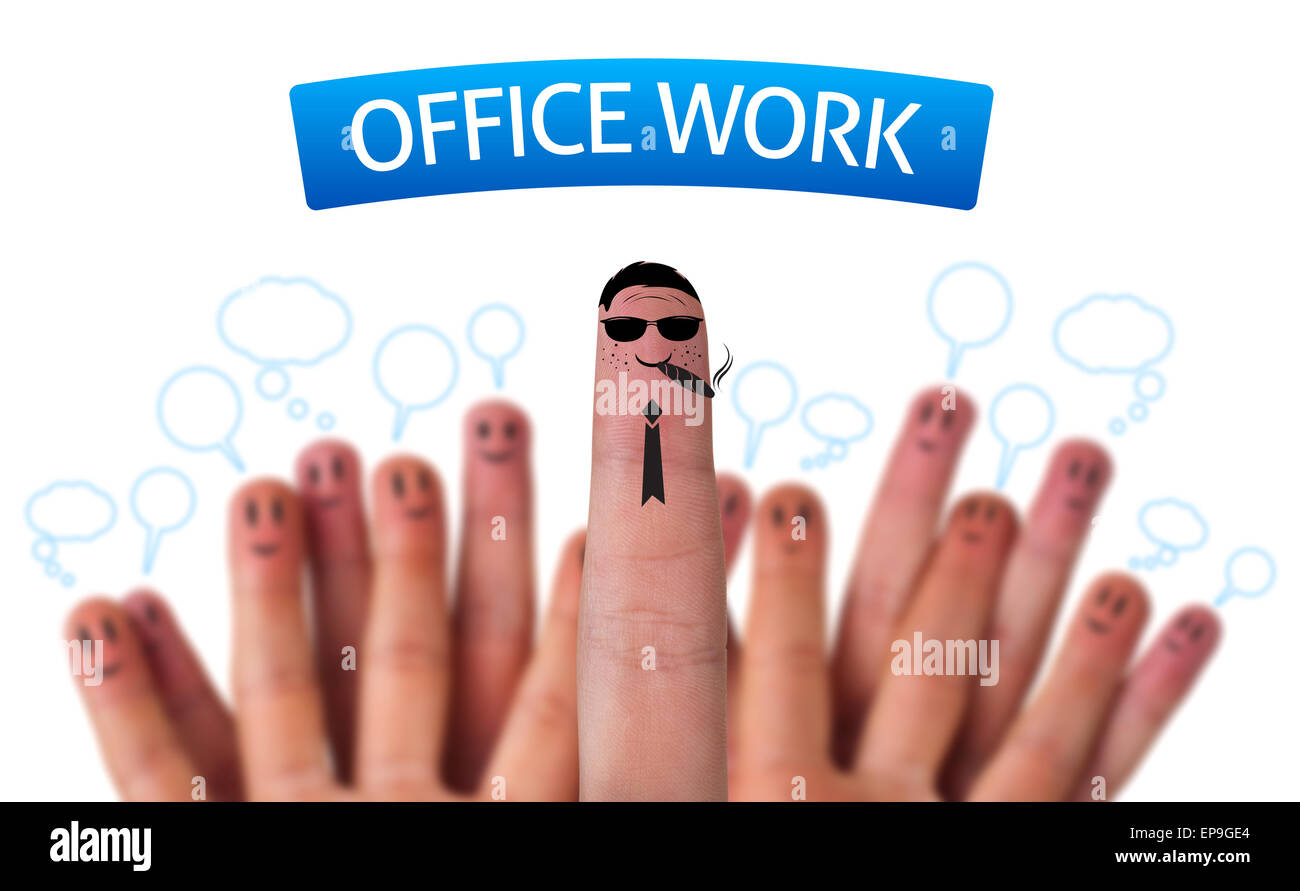 Happy group of finger smileys with office work icon Stock Photo - Alamy