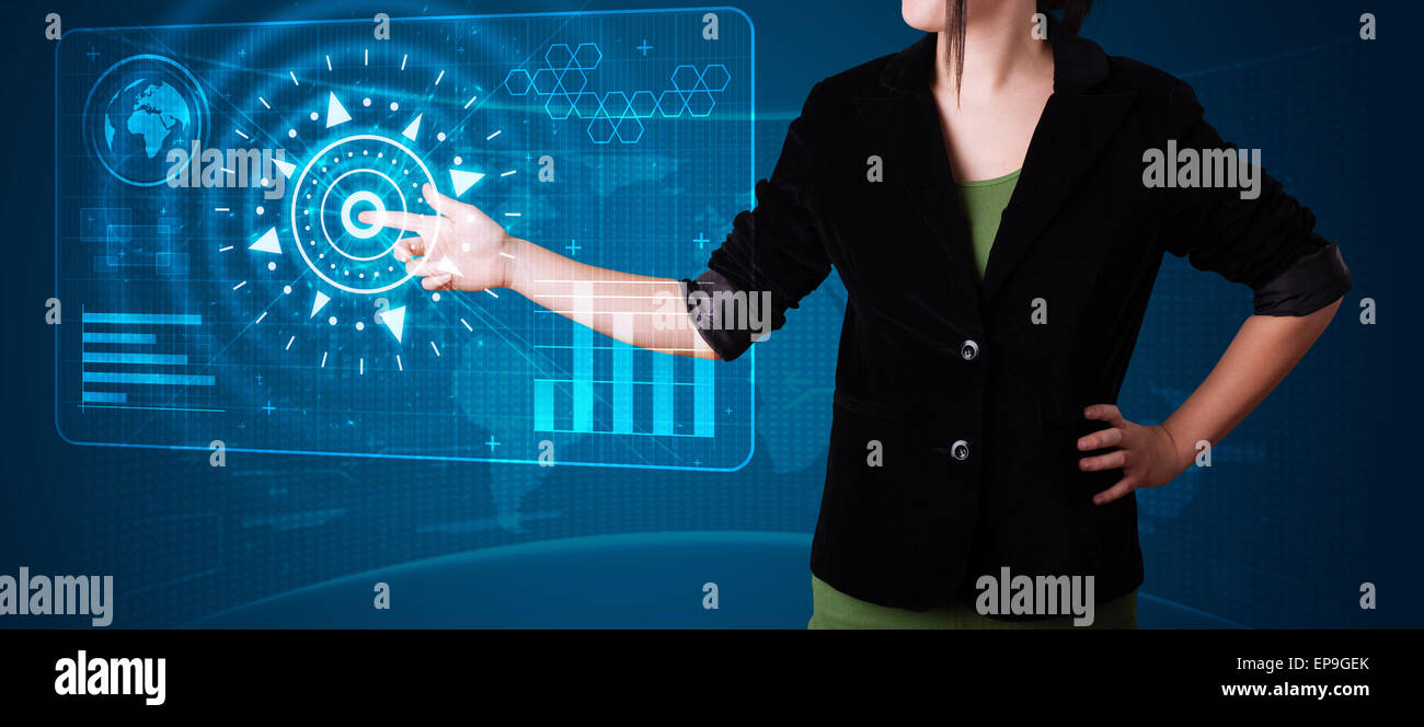 Woman pressing high tech type of modern buttons Stock Photo - Alamy