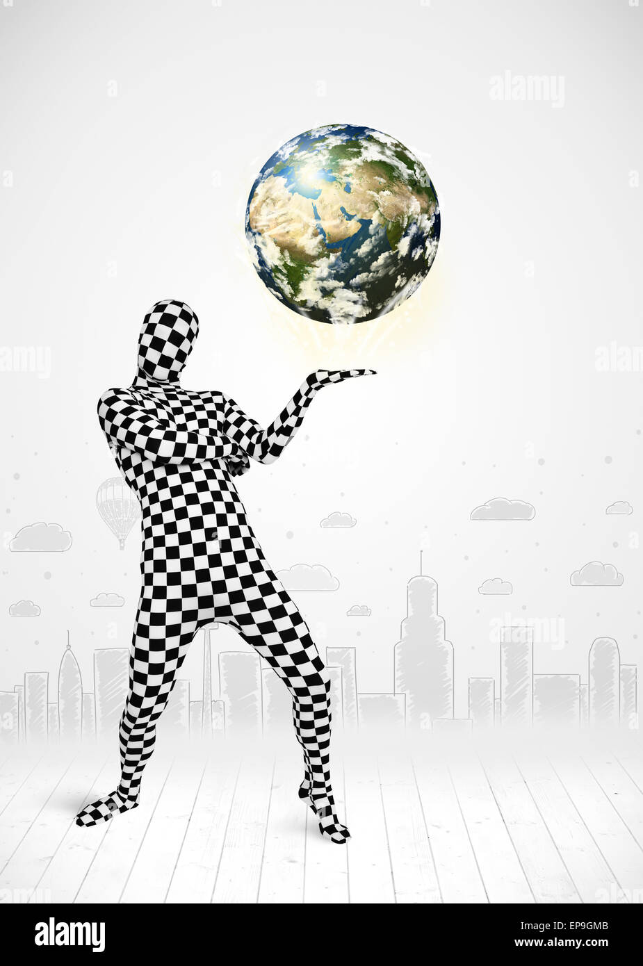 man in full body suit holding planet earth Stock Photo - Alamy