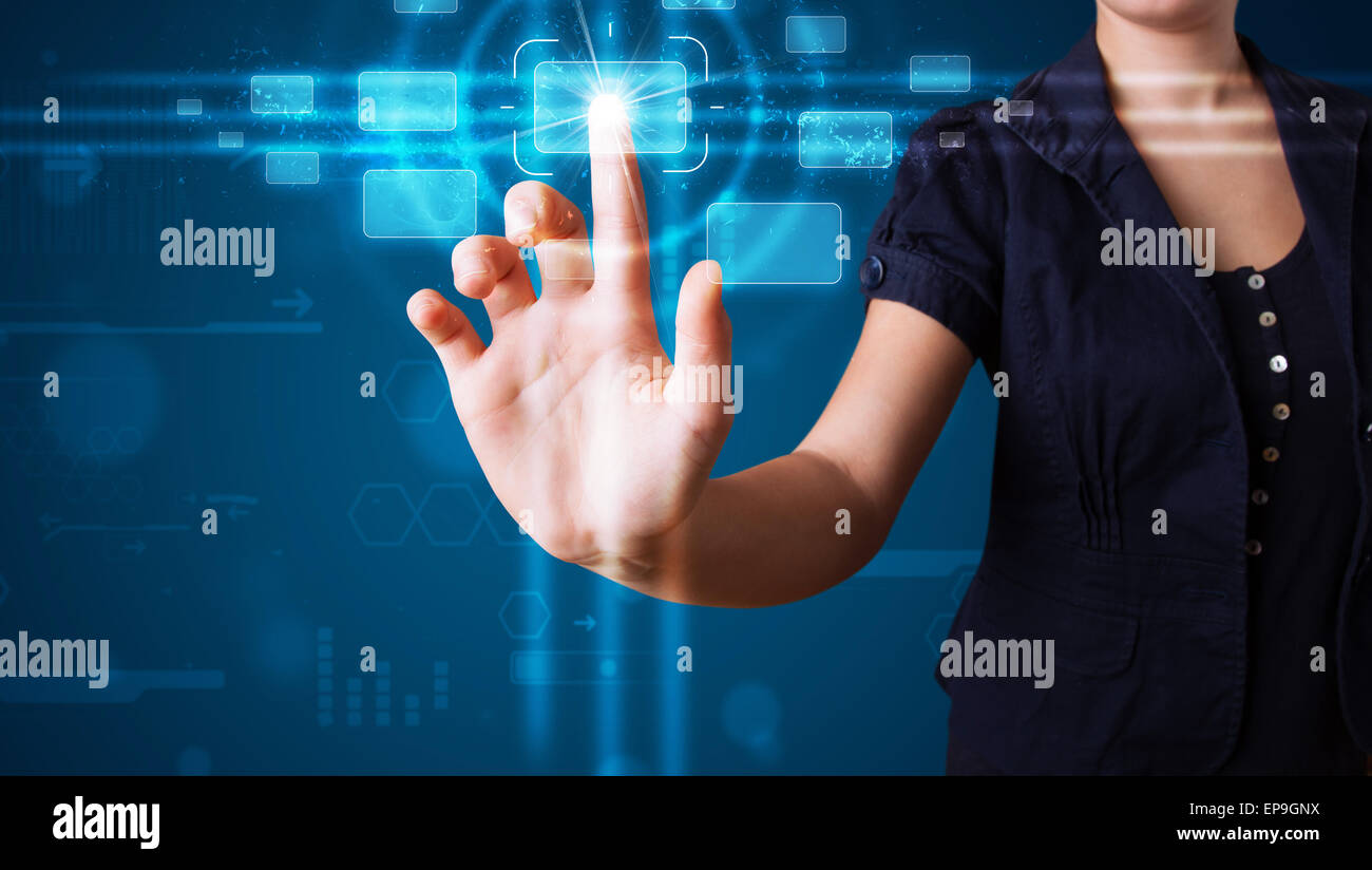 Woman pressing high tech type of modern buttons Stock Photo - Alamy