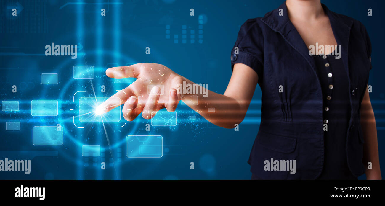 Woman pressing high tech type of modern buttons Stock Photo - Alamy