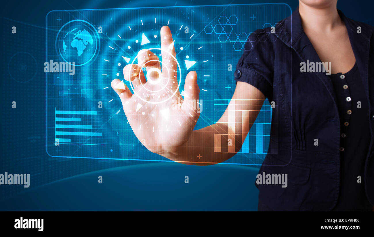 Woman pressing high tech type of modern buttons Stock Photo - Alamy