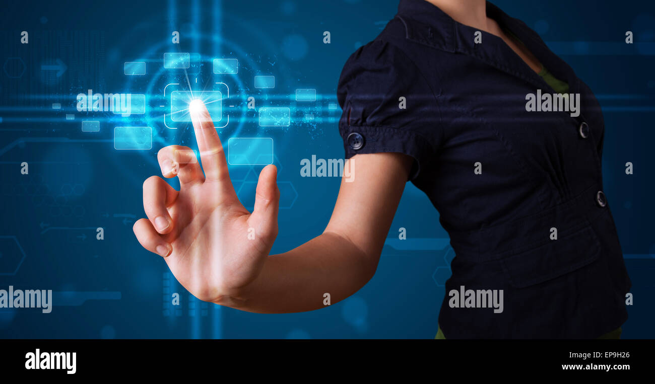 Woman pressing high tech type of modern buttons Stock Photo - Alamy