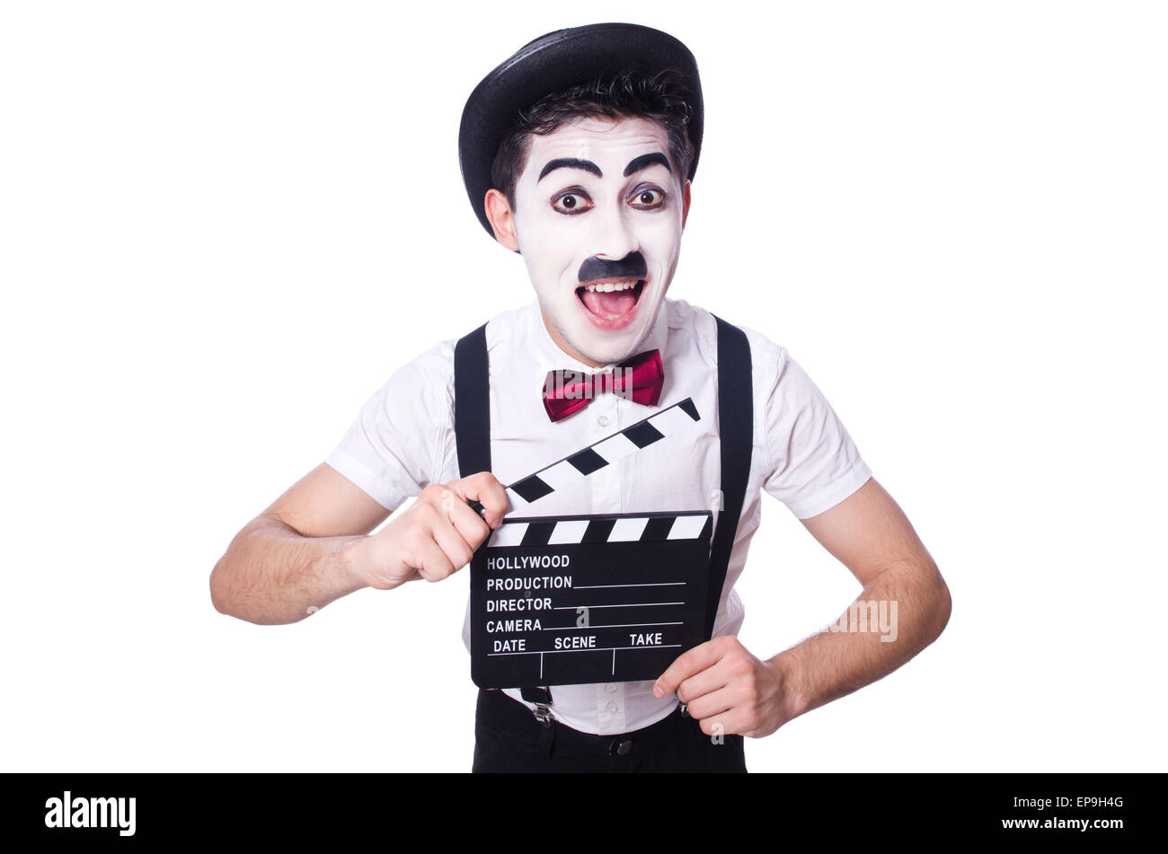 Man with movie clapper isolated on white Stock Photo - Alamy