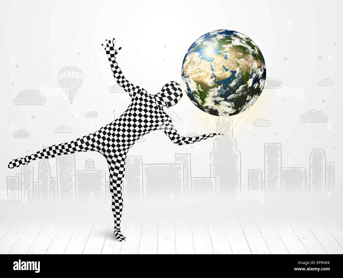 man in full body suit holding planet earth Stock Photo - Alamy