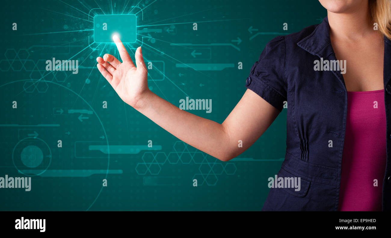 Woman pressing high tech type of modern buttons Stock Photo - Alamy