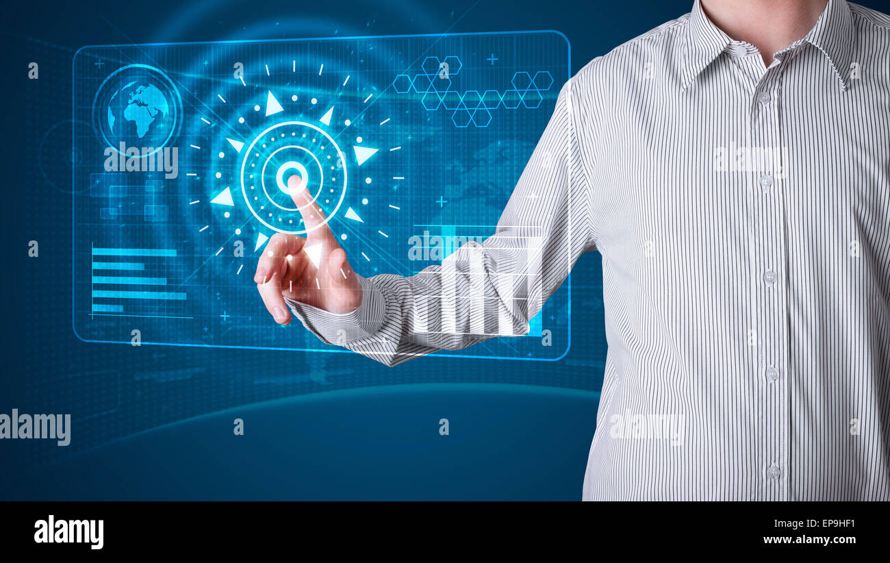 Businessman pressing high tech type of modern buttons Stock Photo - Alamy