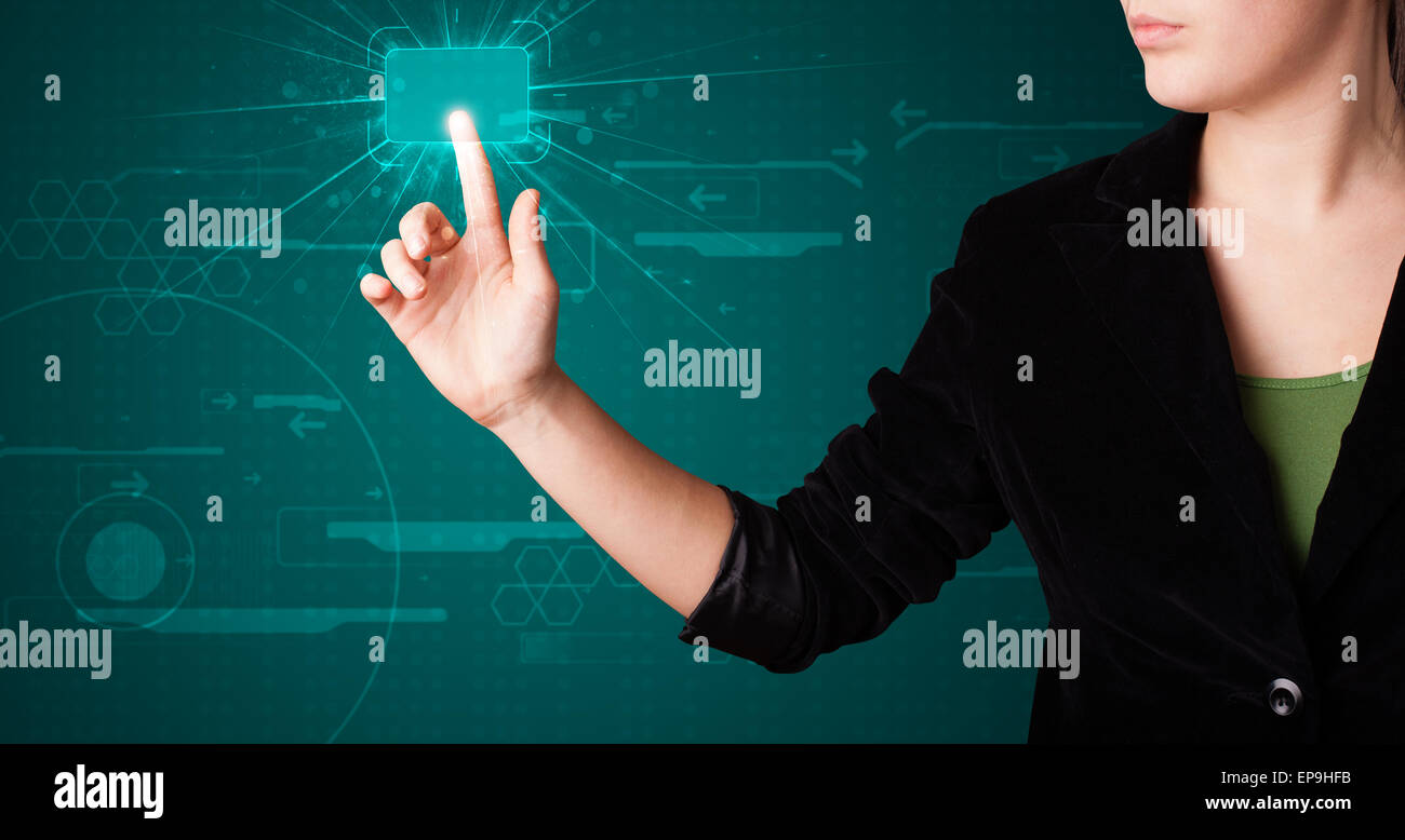 Woman pressing high tech type of modern buttons Stock Photo - Alamy