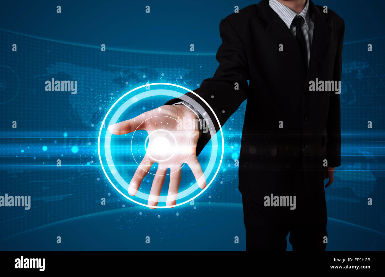 Businessman pressing high tech type of modern buttons Stock Photo - Alamy