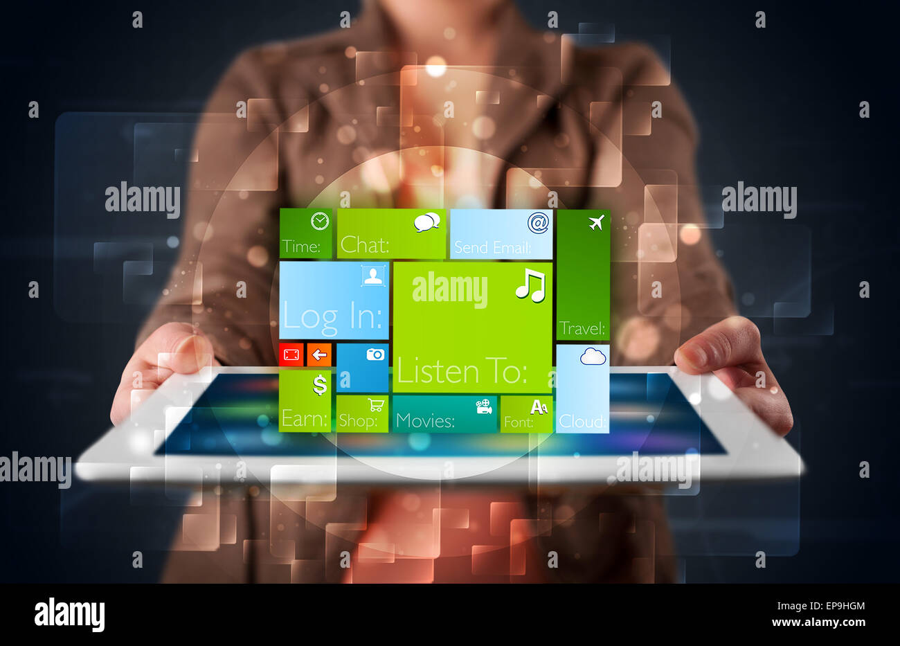 Lady holding tablet with modern software operational system Stock Photo ...