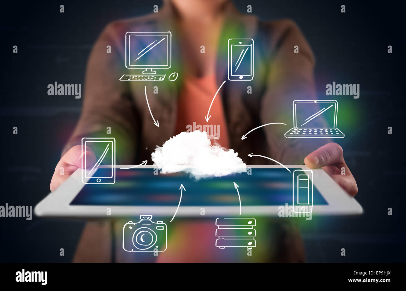 Woman showing hand drawn cloud computing Stock Photo - Alamy