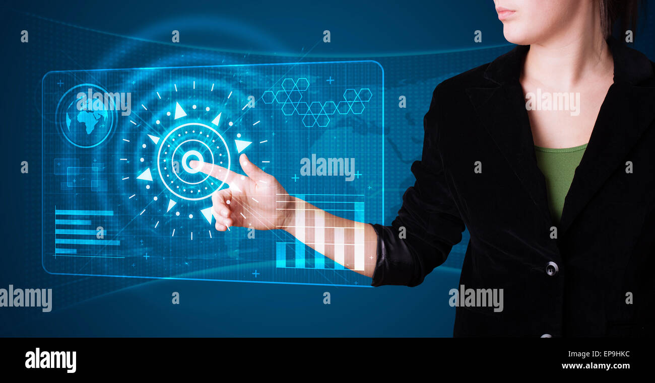Woman pressing high tech type of modern buttons Stock Photo - Alamy