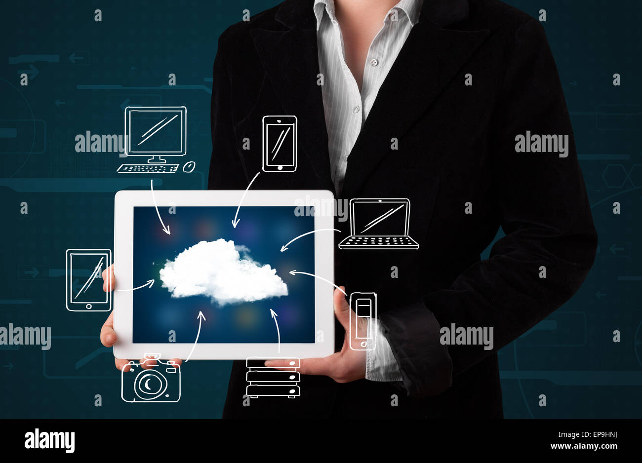 Woman showing hand drawn cloud computing Stock Photo - Alamy