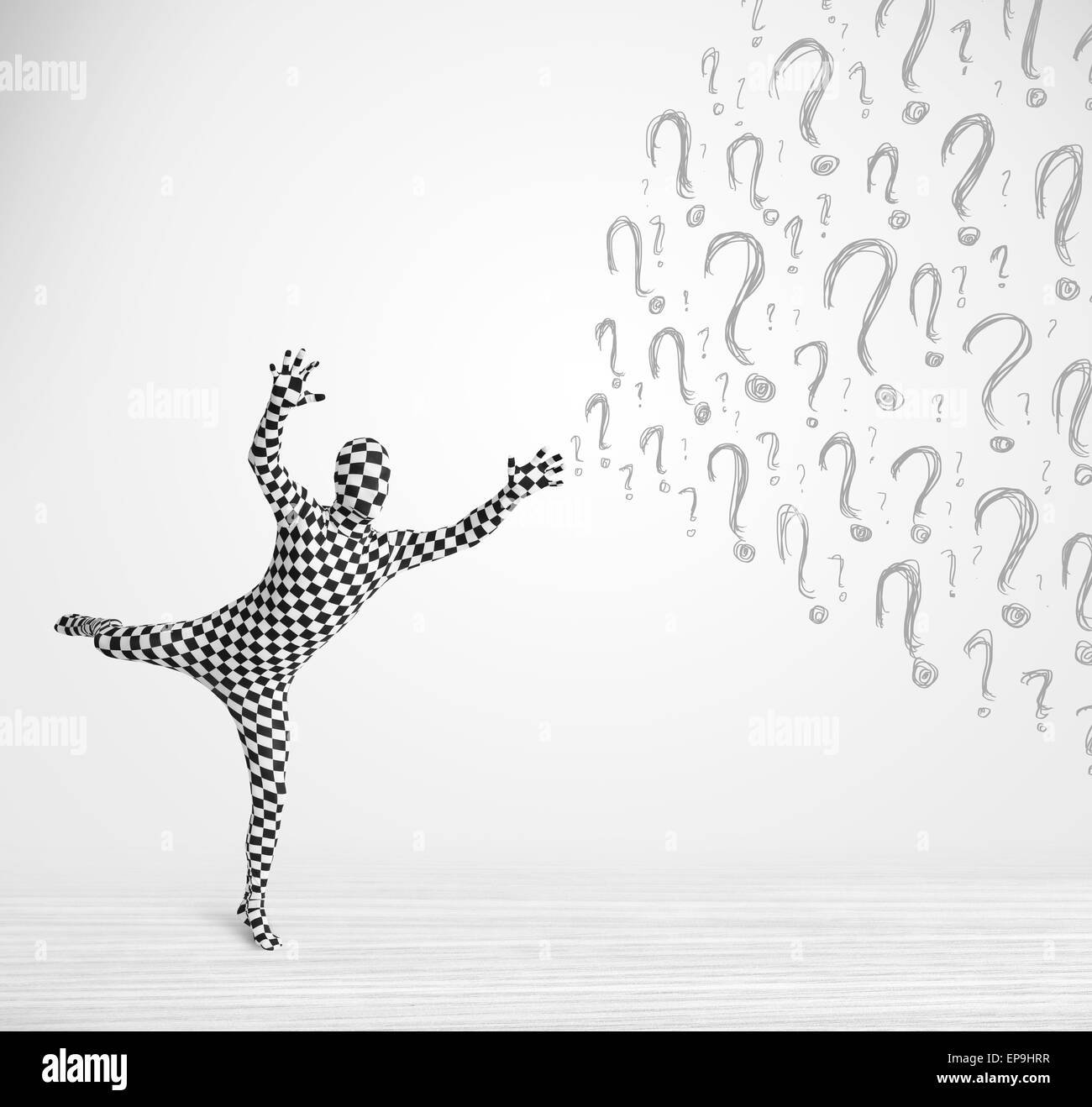 3d human character is body suit looking at hand drawn question marks ...