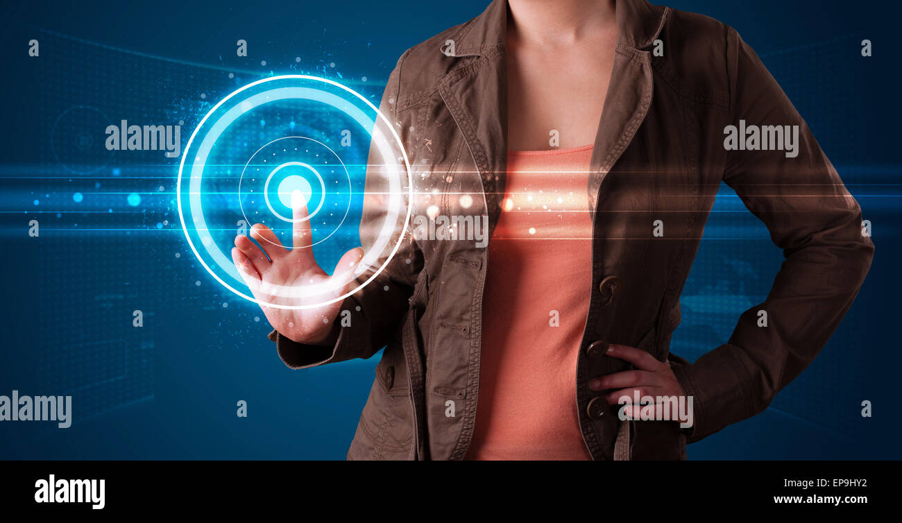 Woman pressing high tech type of modern buttons Stock Photo - Alamy