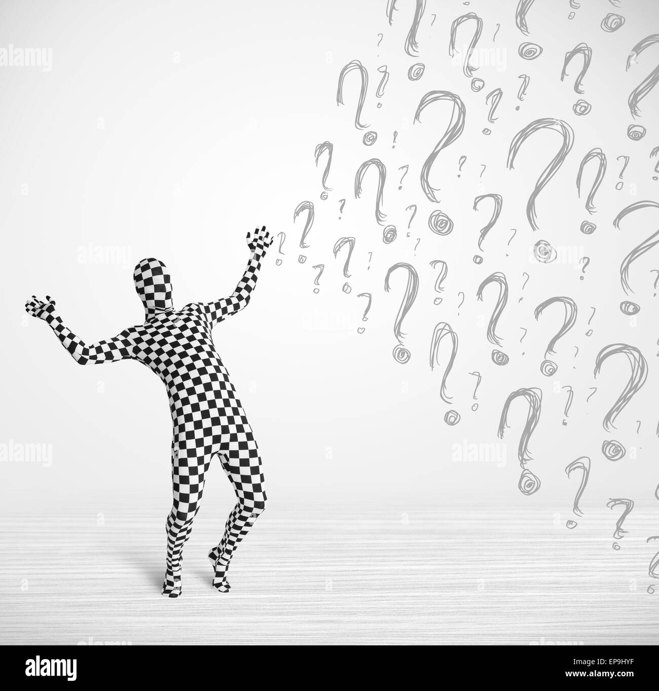 3d human character is body suit looking at hand drawn question marks ...