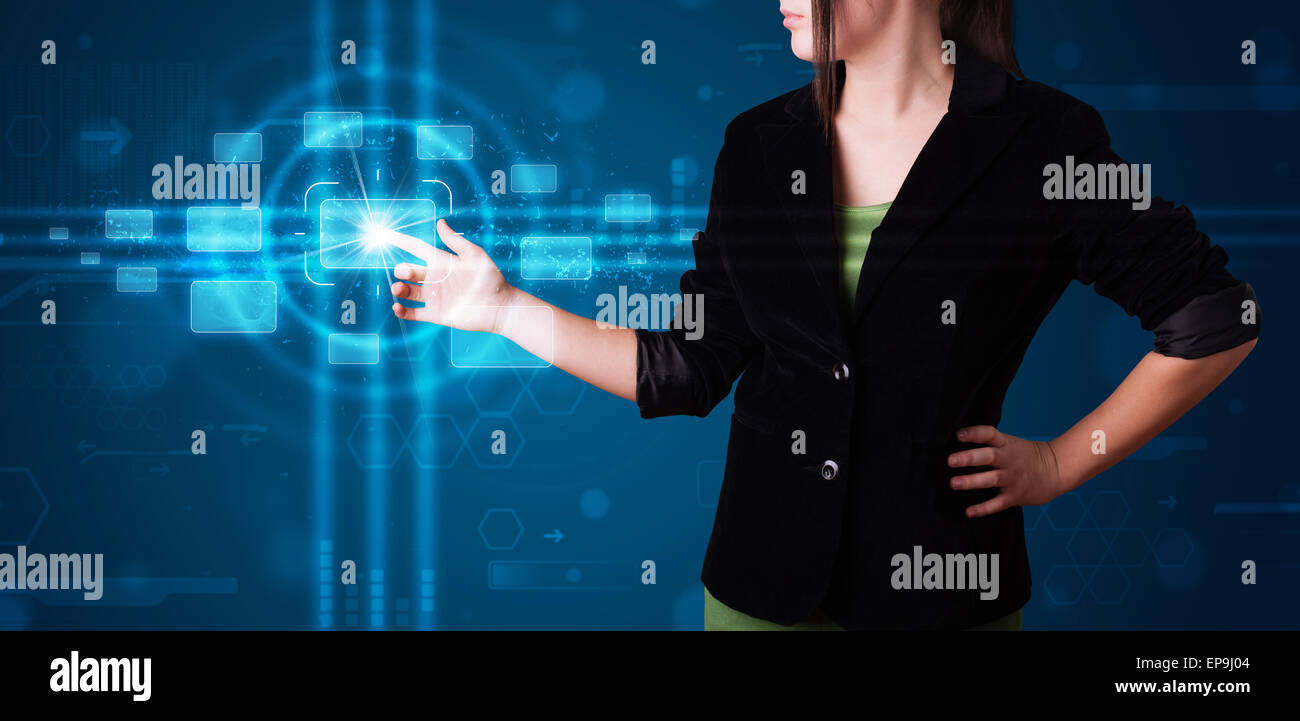Woman pressing high tech type of modern buttons Stock Photo - Alamy