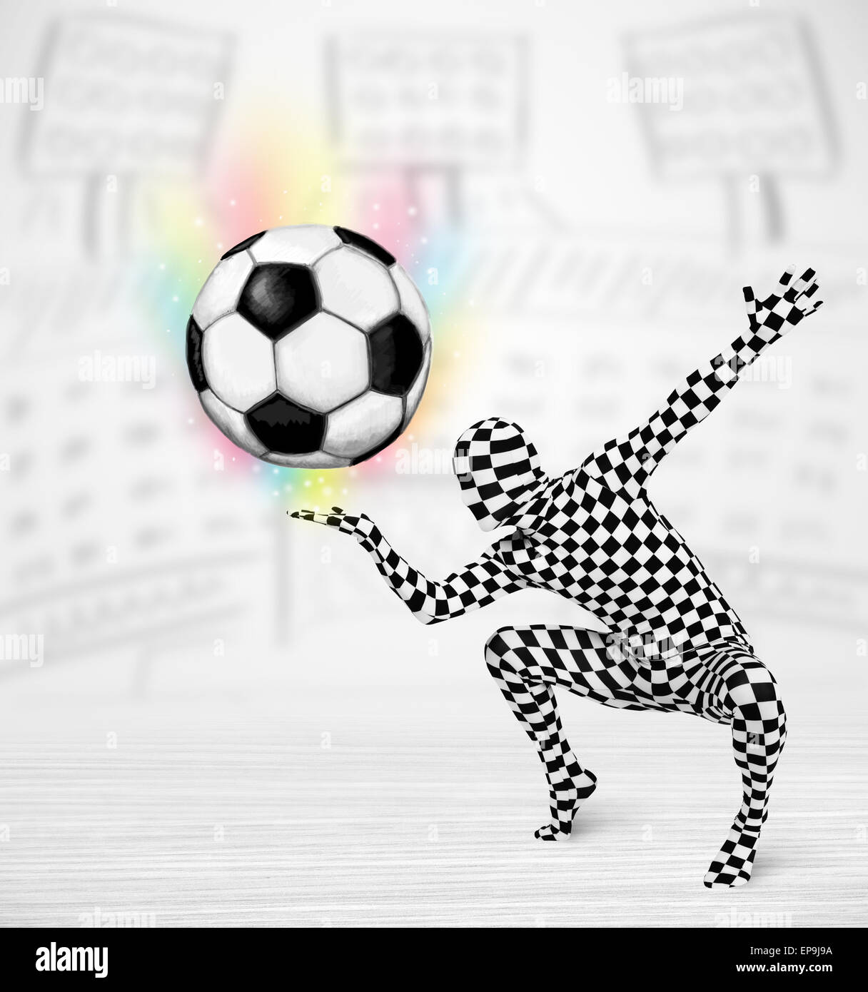 man in full body suit holdig soccer ball Stock Photo - Alamy
