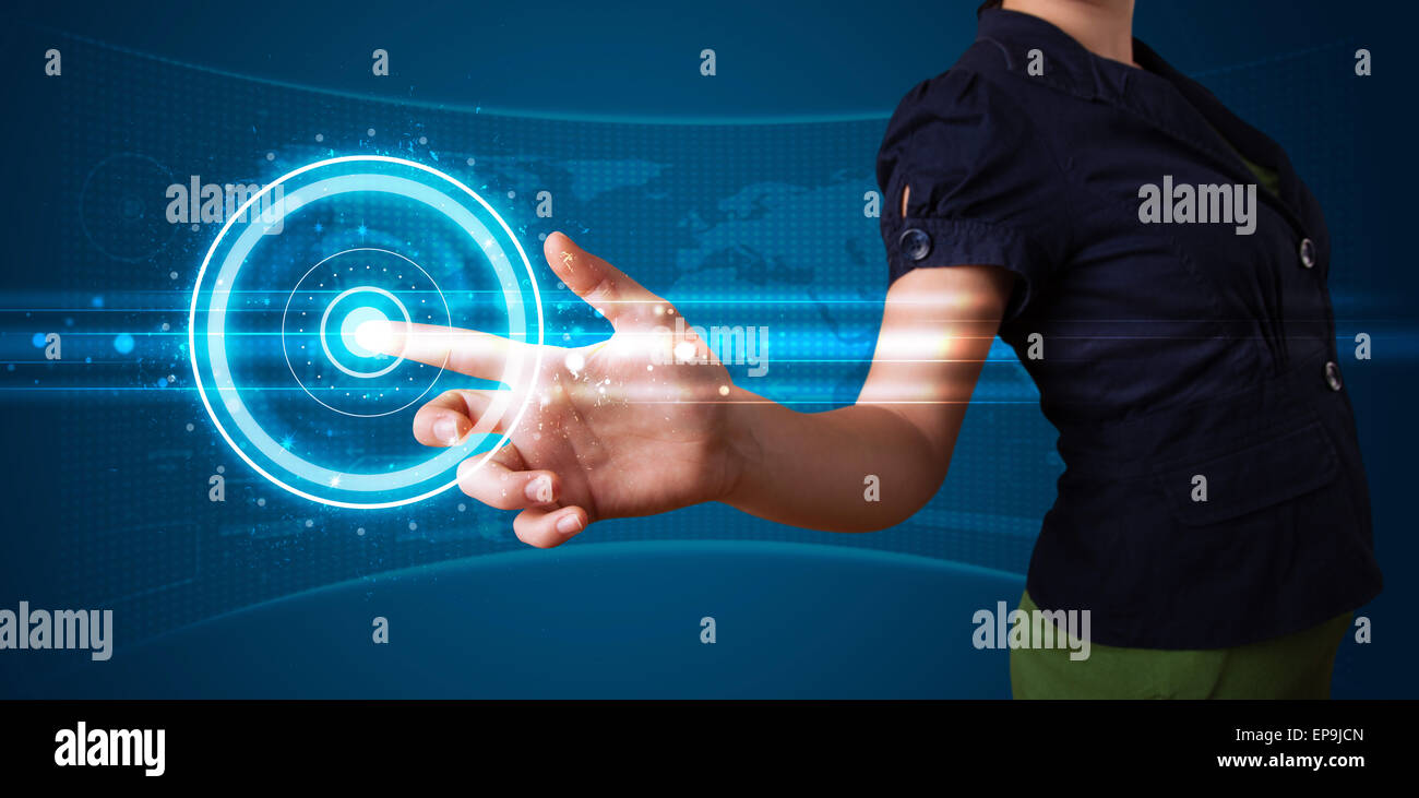 Woman pressing high tech type of modern buttons Stock Photo - Alamy