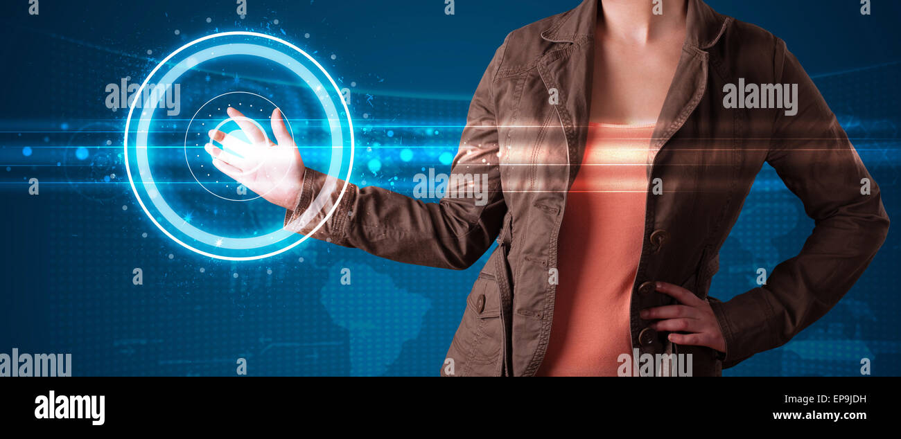 Woman pressing high tech type of modern buttons Stock Photo - Alamy
