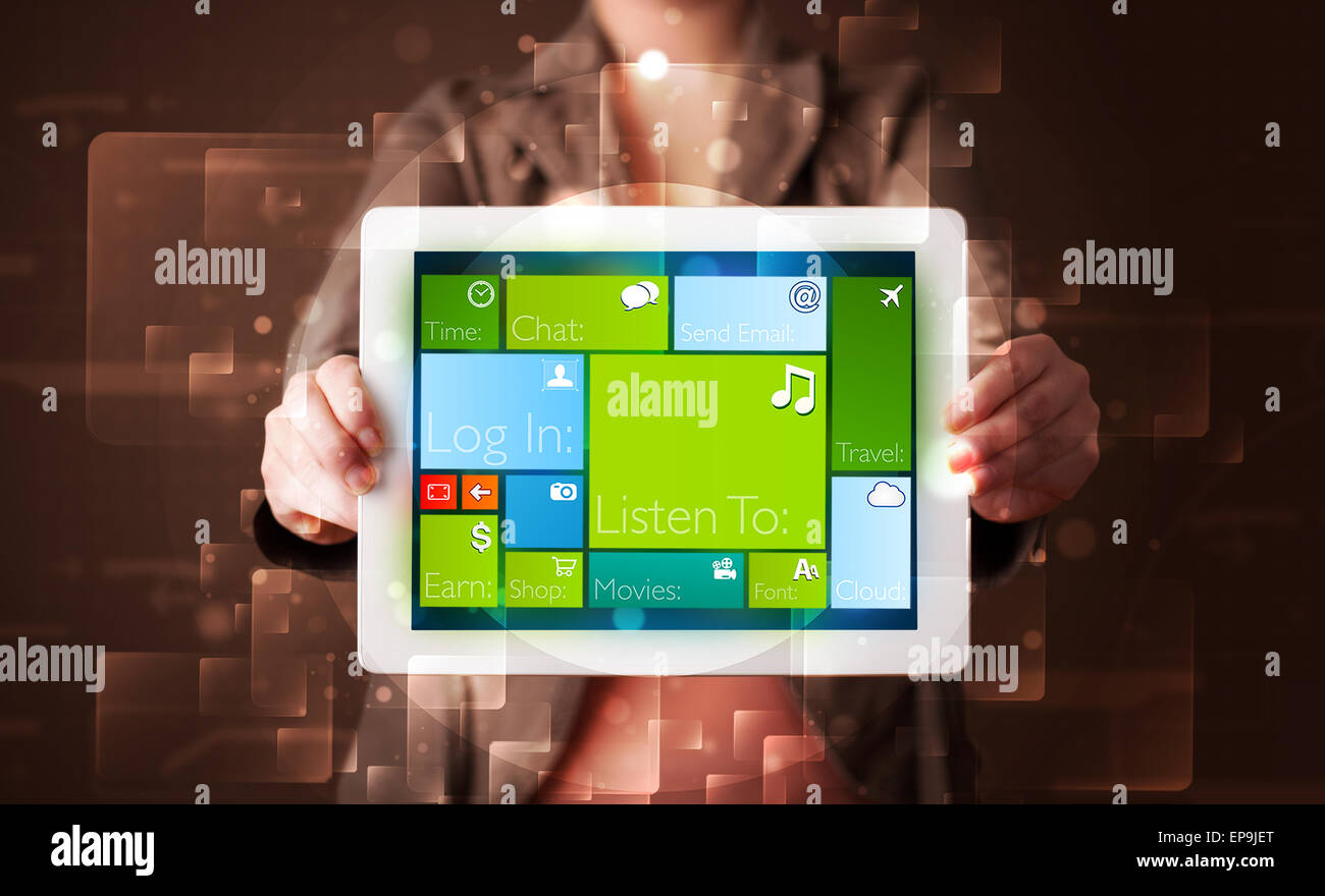 Lady holding tablet with modern software operational system Stock Photo ...