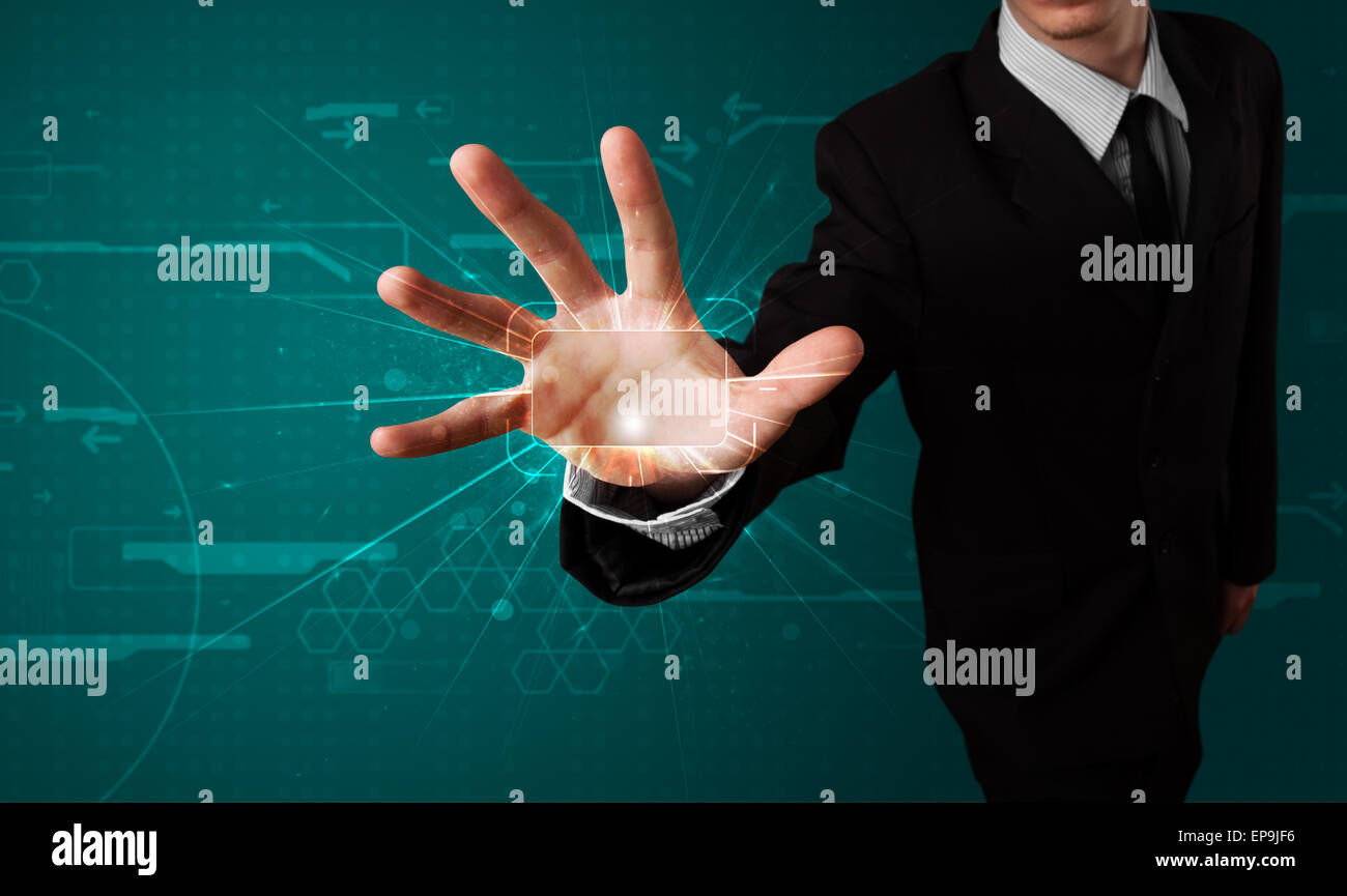 Businessman pressing high tech type of modern buttons Stock Photo - Alamy