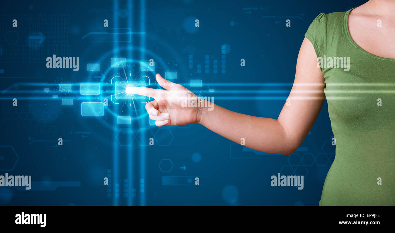 Woman pressing high tech type of modern buttons Stock Photo - Alamy