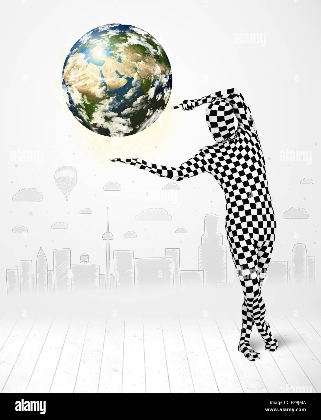 man in full body suit holding planet earth Stock Photo - Alamy