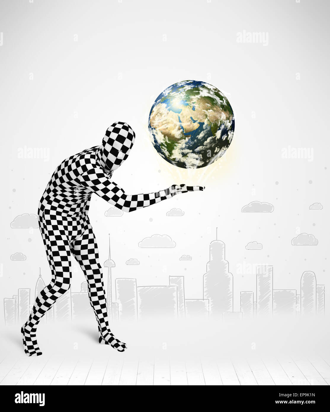 man in full body suit holding planet earth Stock Photo - Alamy