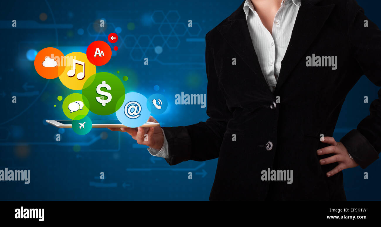 Lady presenting colorful modern signs Stock Photo - Alamy