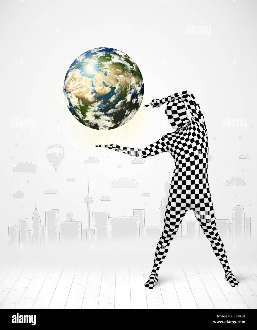 man in full body suit holding planet earth Stock Photo - Alamy