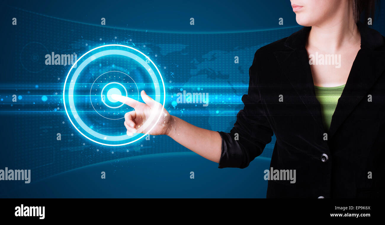 Woman pressing high tech type of modern buttons Stock Photo - Alamy