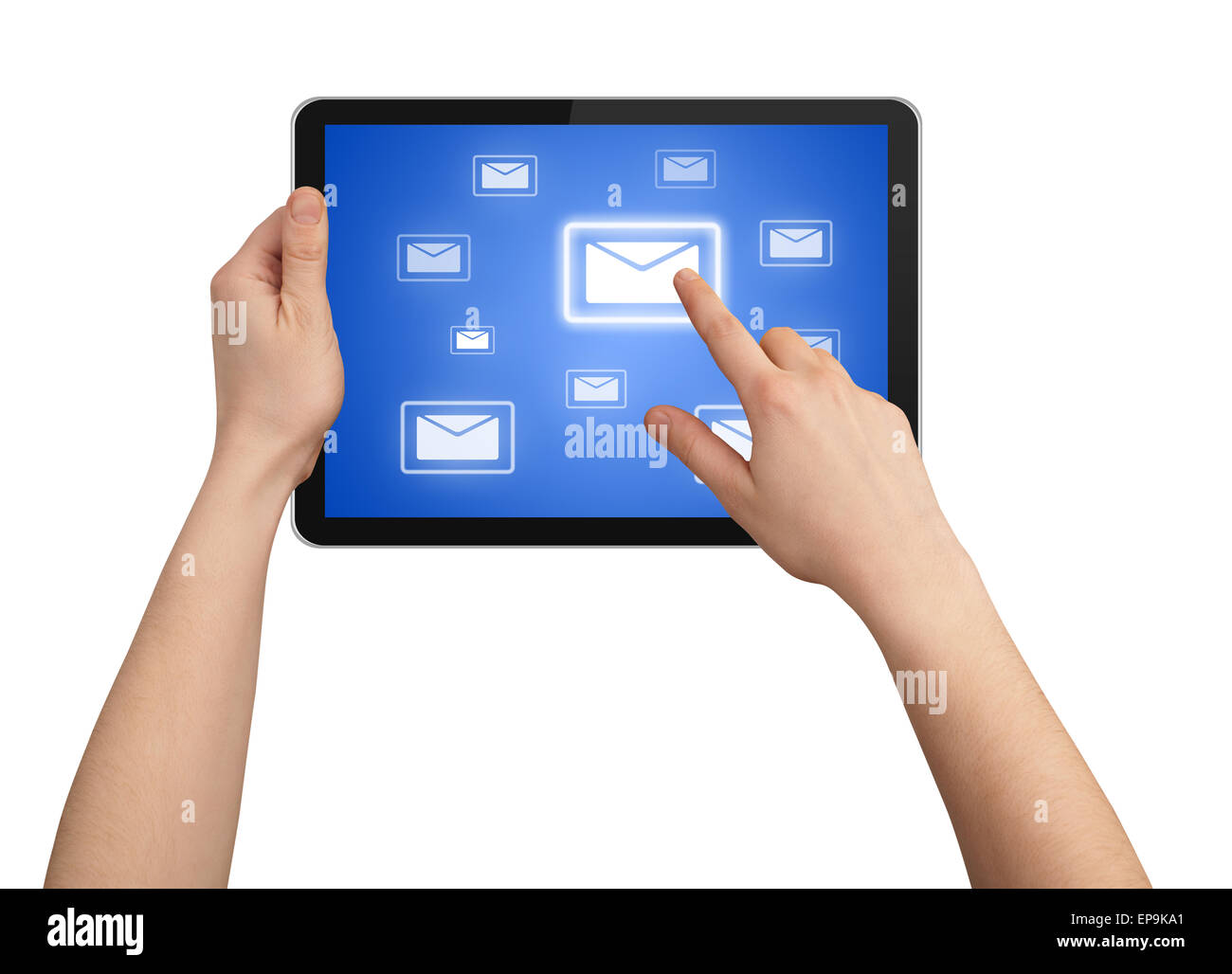 a male hand holding a touchpad pc, one finger touches e-mail symbol ...