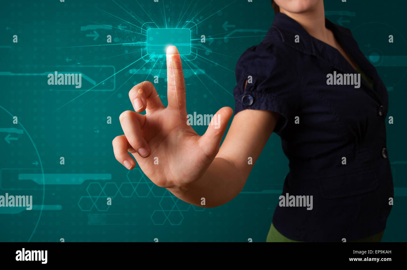 Woman pressing high tech type of modern buttons Stock Photo - Alamy