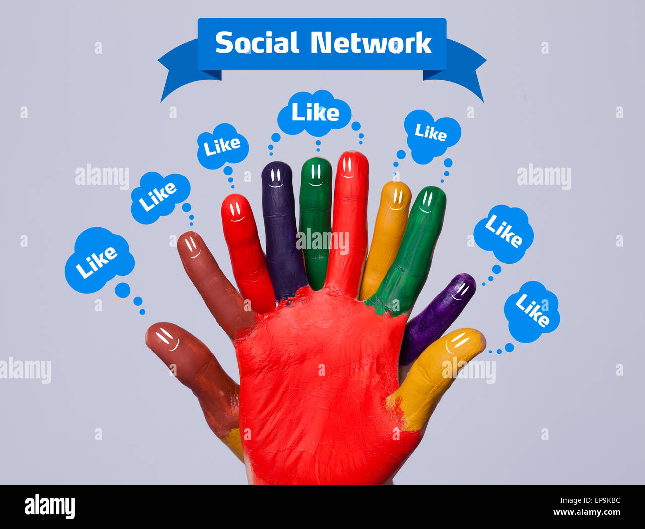 Colorful happy finger smileys with social network sign and like bubbles ...