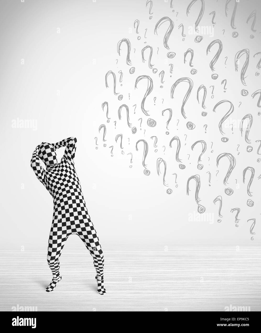 3d human character is body suit looking at hand drawn question marks ...