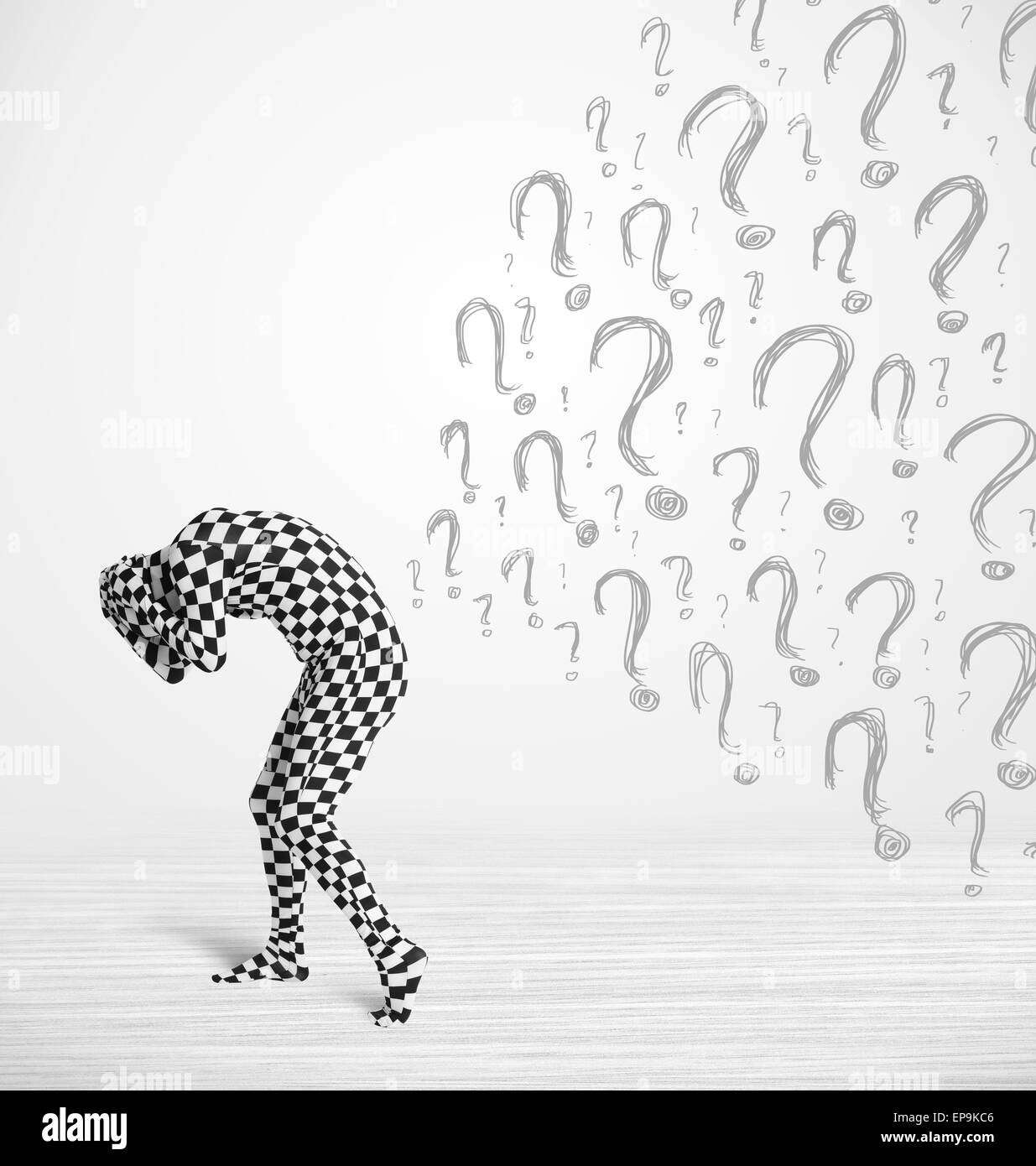 3d human character is body suit looking at hand drawn question marks ...