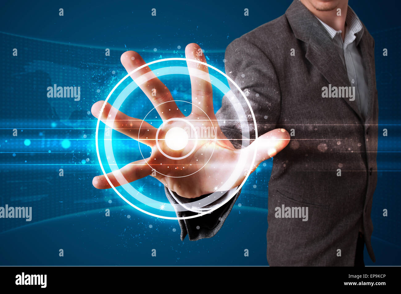 Businessman pressing high tech type of modern buttons Stock Photo - Alamy