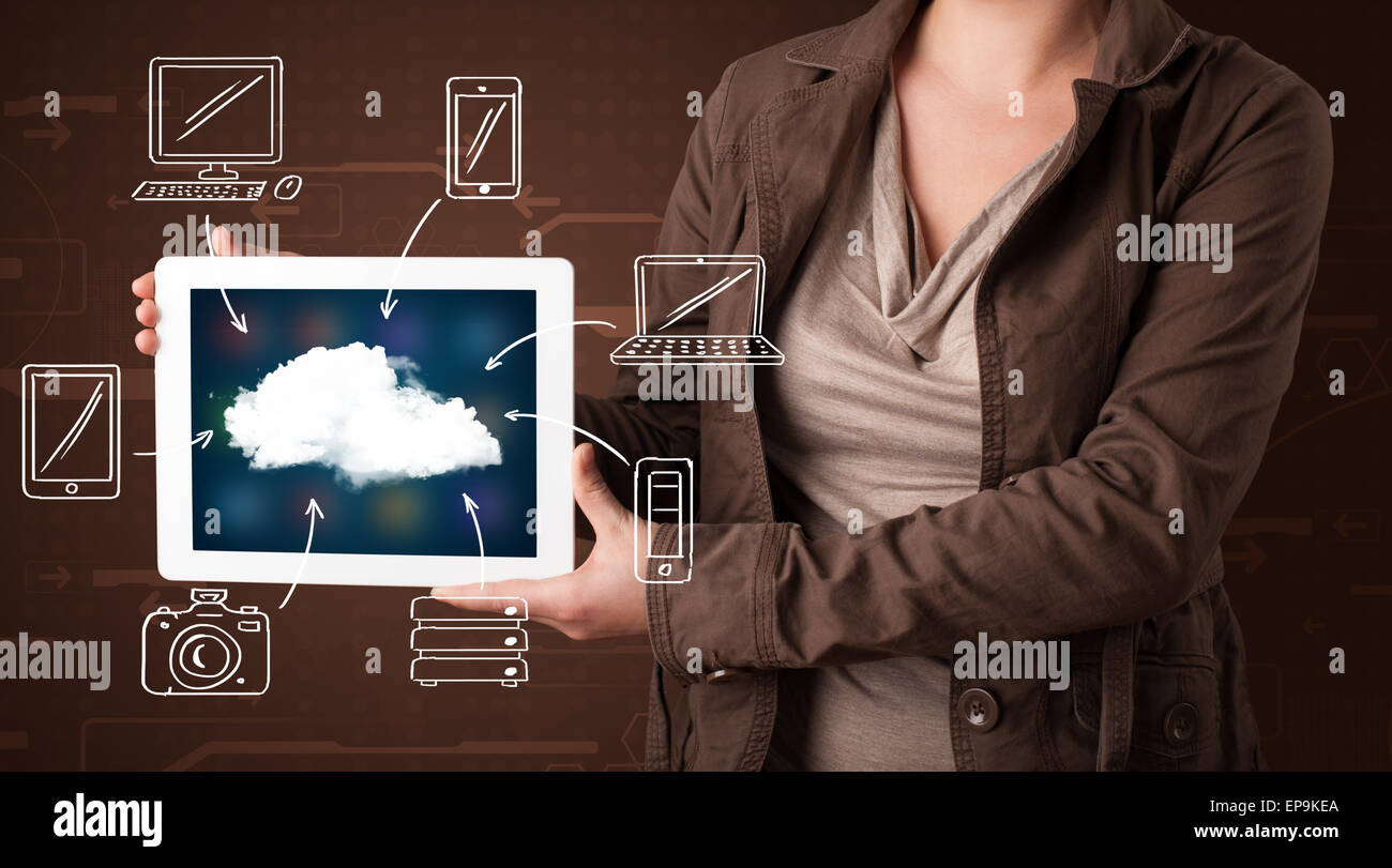 Woman showing hand drawn cloud computing Stock Photo - Alamy