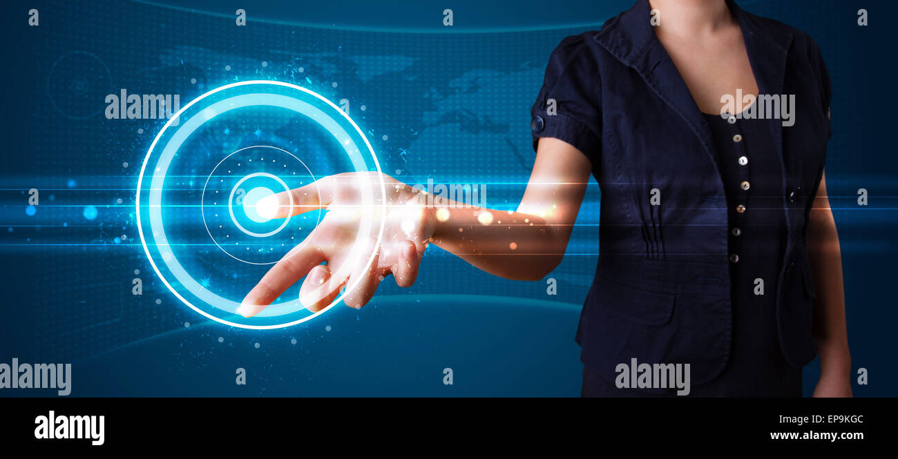 Woman pressing high tech type of modern buttons Stock Photo - Alamy